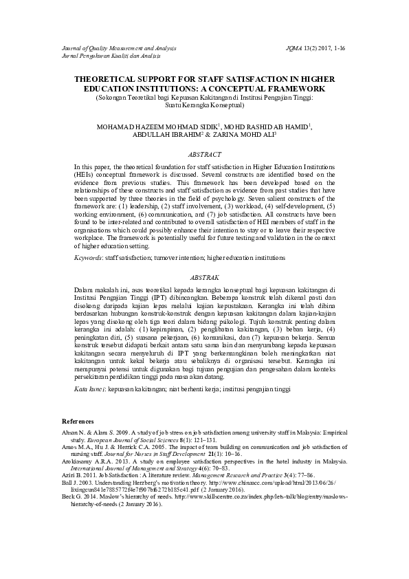 Pdf Theoretical Support For Staff Satisfaction In Higher Education Institutions A Conceptual