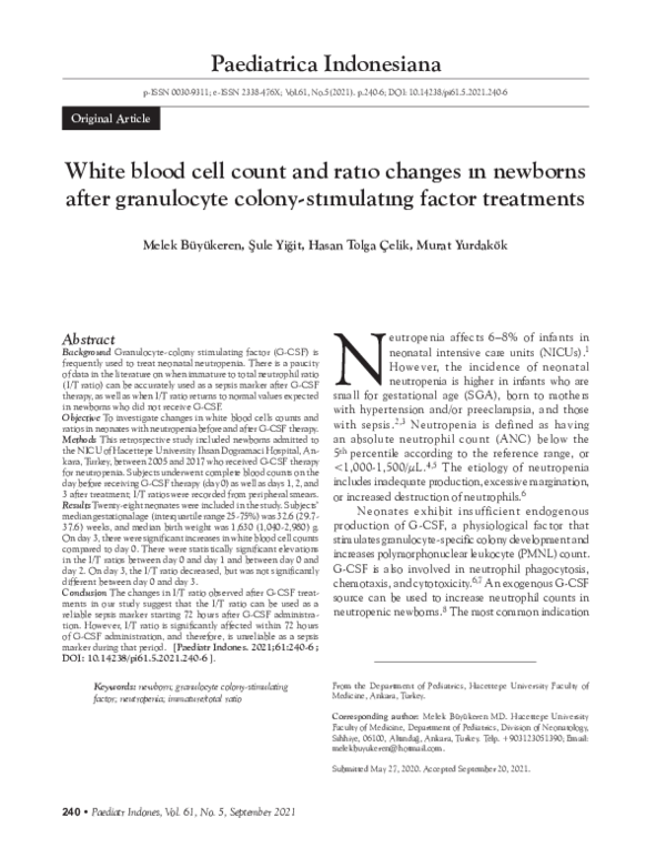 (PDF) White blood cell count and ratıo changes ın newborns after ...