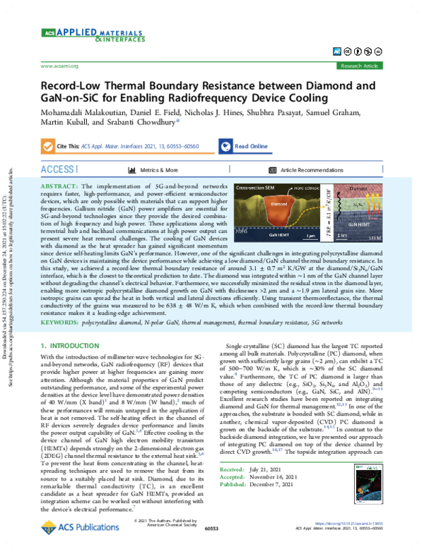 (PDF) Record-Low Thermal Boundary Resistance between Diamond and GaN-on-SiC for Enabling ...