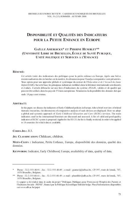 (PDF) Disponibilité et Qualités des Indicateurs pour la Petite Enfance en Europe
