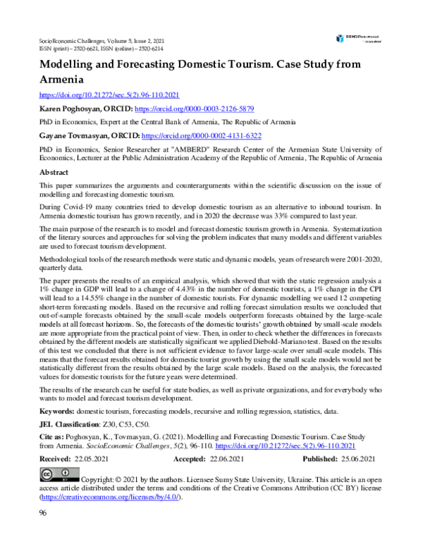 (PDF) Modelling and Forecasting Domestic Tourism. Case Study from Armenia