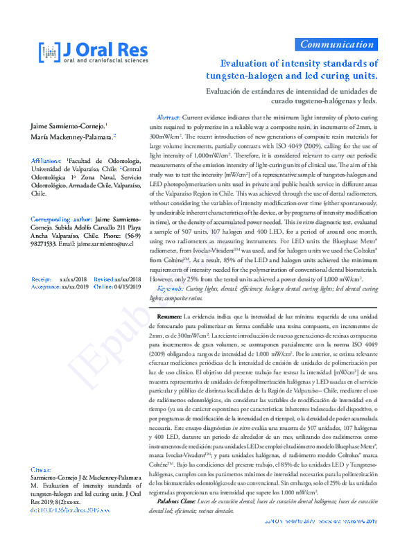 Pdf Evaluation Of Intensity Standards Of Tungsten Halogen And Led Curing Units