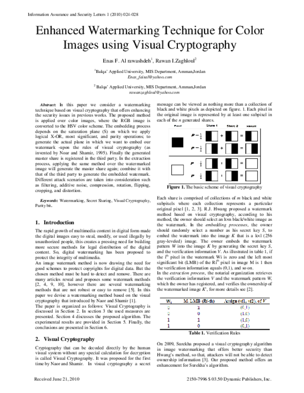 (PDF) Enhanced Watermarking Technique for Color Images using Visual Cryptography | rawan ...