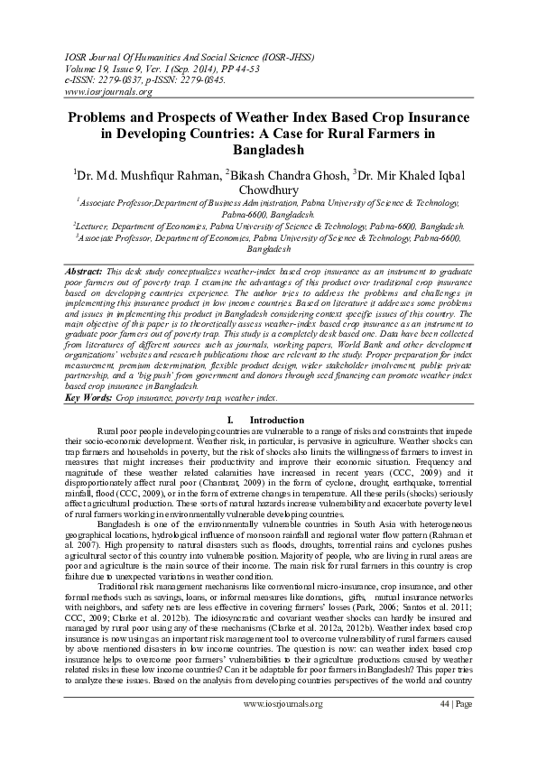 (PDF) Problems and Prospects of Weather Index Based Crop Insurance in ...