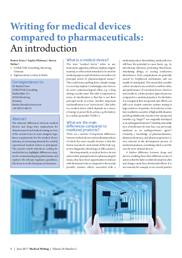 (PDF) Writing for medical devices compared to pharmaceuticals: An ...