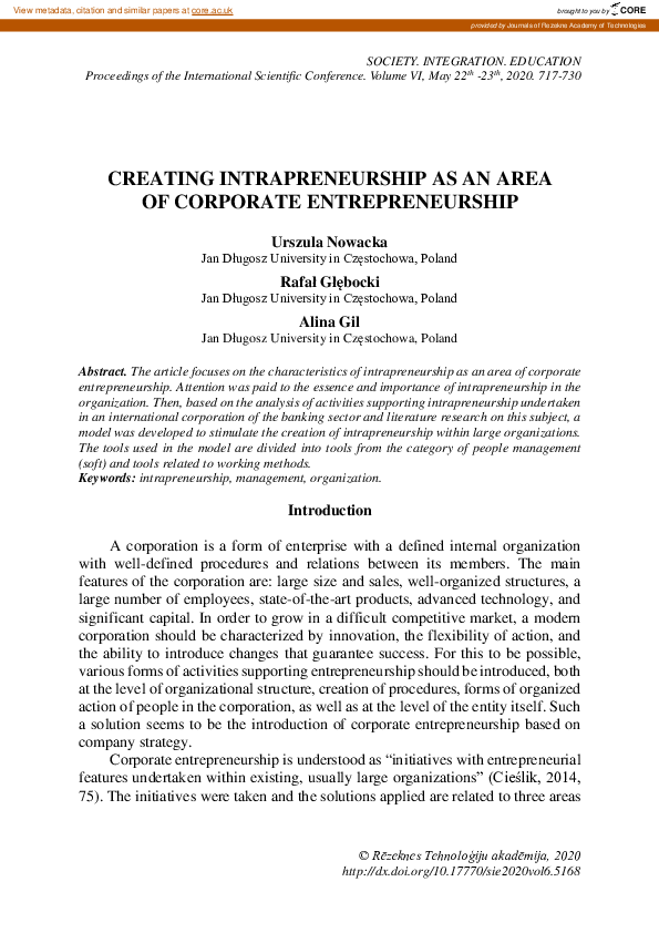 (PDF) Creating Intrapreneurship as an Area of Corporate Entrepreneurship