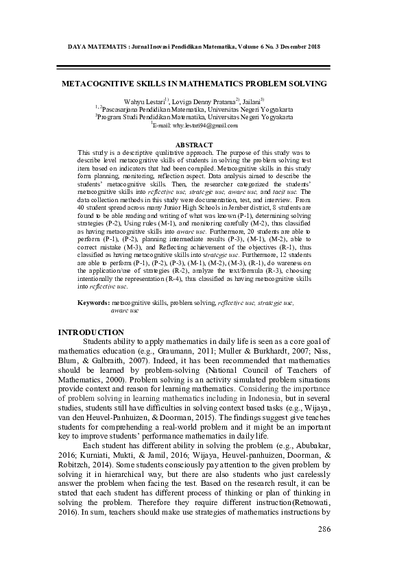 (PDF) Metacognitive Skills in Mathematics Problem Solving