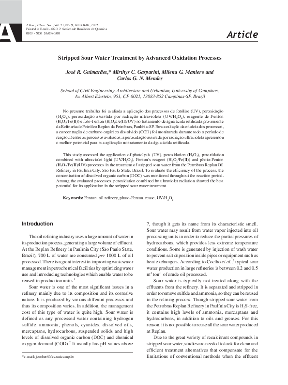 (PDF) Stripped sour water treatment by advanced oxidation processes