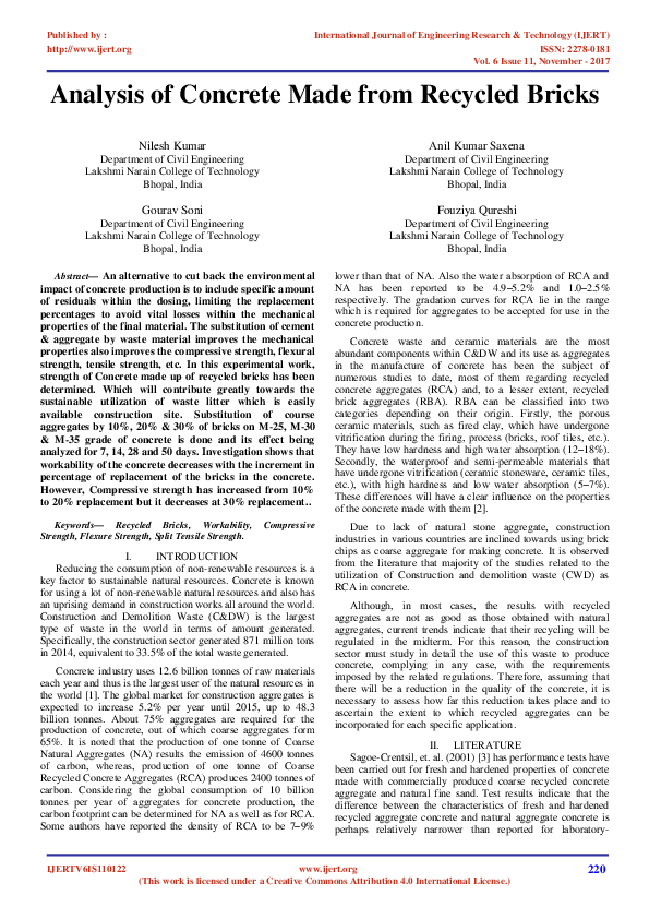 (PDF) Analysis of Concrete Made from Recycled Bricks