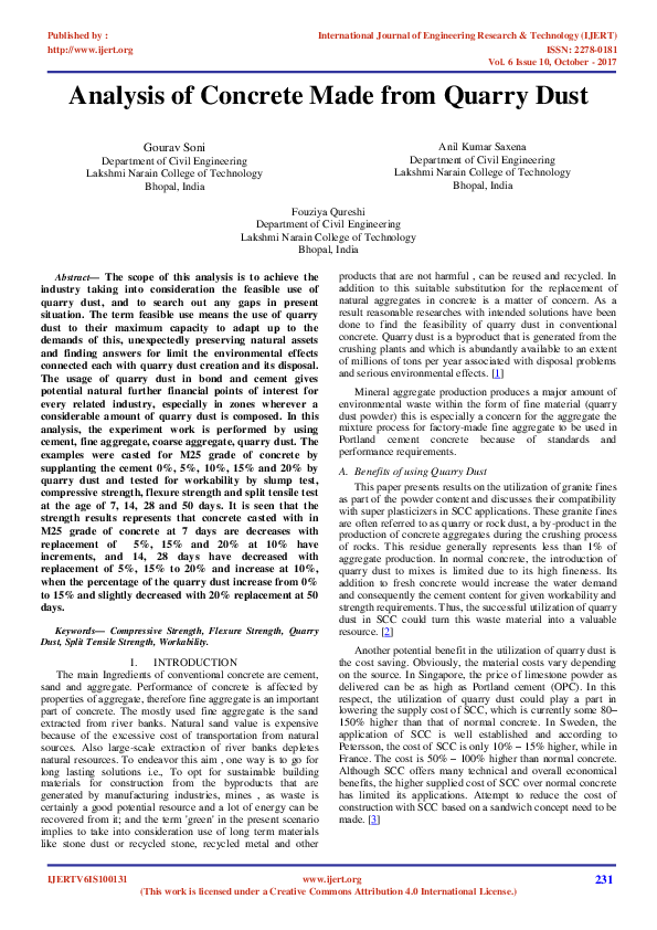 (PDF) Analysis of Concrete Made from Quarry Dust