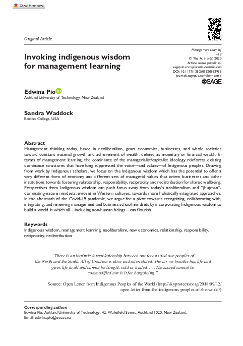 (PDF) Invoking indigenous wisdom for management learning