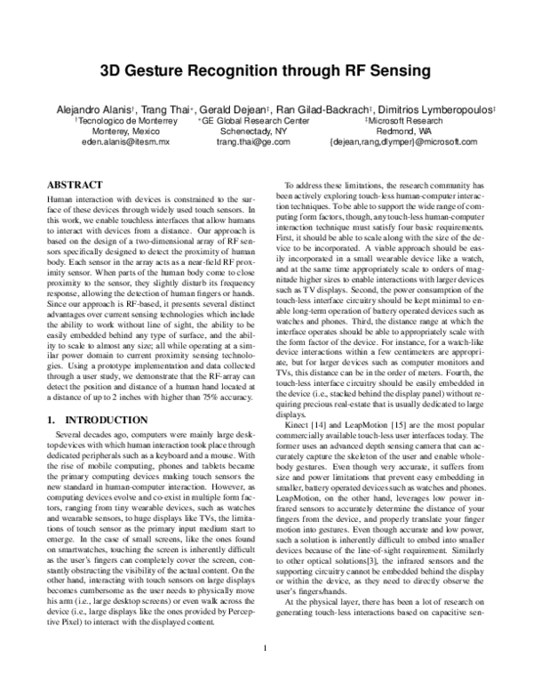 (PDF) 3D Gesture Recognition through RF Sensing