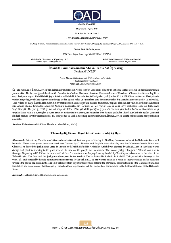 (PDF) İlhanli Hükümdarlarindan Abâkâ Han’A Ai̇t Üç Yarliğ