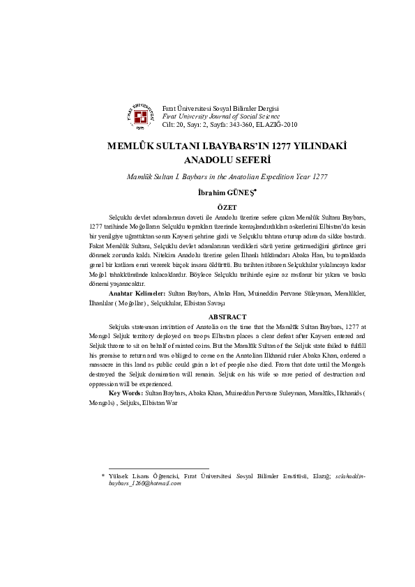 (PDF) Memlûk Sultani I.BAYBARS’IN 1277 Yilindaki̇ Anadolu Seferi̇