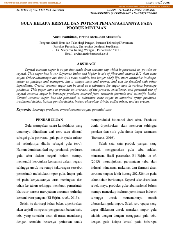 (PDF) Gula Kelapa Kristal Dan Potensi Pemanfaatannya Pada Produk Minuman