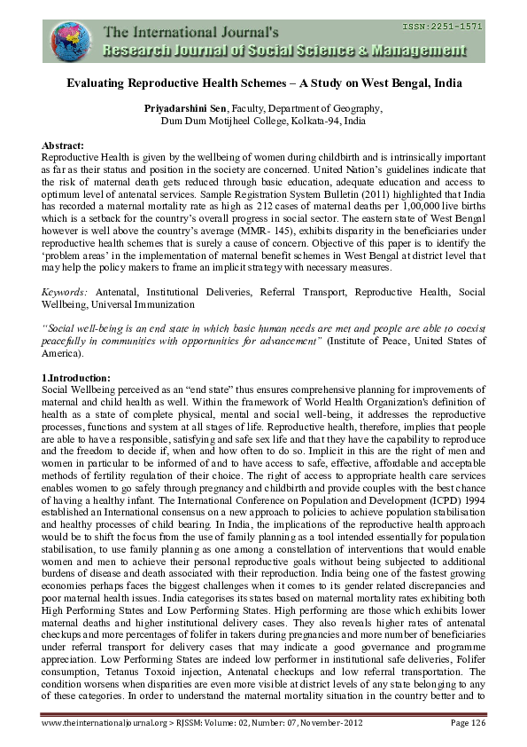 (PDF) Evaluating Reproductive Health Schemes- A Study on West Bengal, India