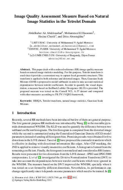 (PDF) Image Quality Assessment Measure Based on Natural Image Statistics in the Tetrolet Domain