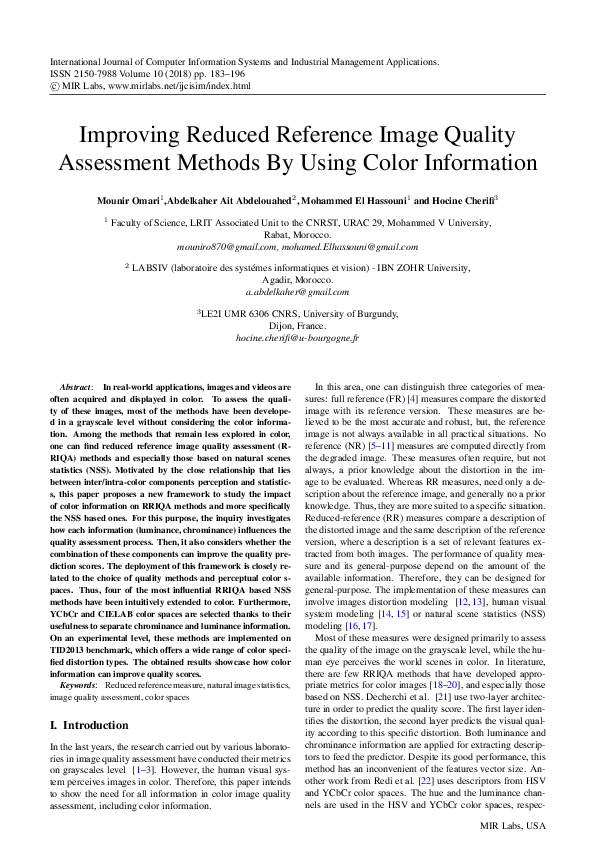 Pdf Improving Reduced Reference Image Quality Assessment Methods By Using Color Information