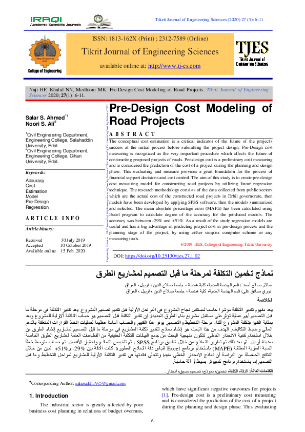 (PDF) Pre-Design Cost Modeling of Road Projects