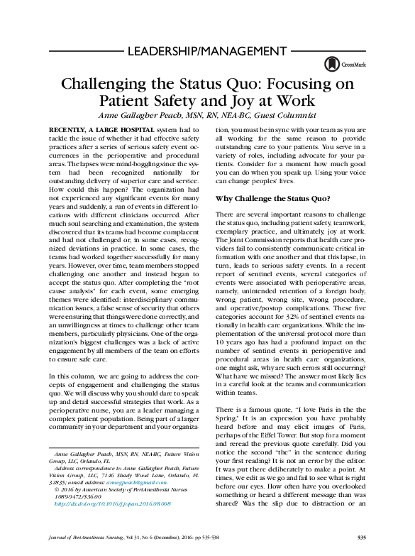 (PDF) Challenging the Status Quo: Focusing on Patient Safety and Joy at ...