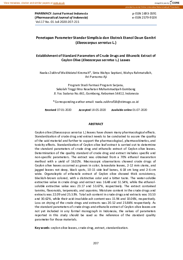 (PDF) Penetapan Parameter Standar Simplisia dan Ekstrak Etanol Daun Ganitri (Elaeocarpus ...