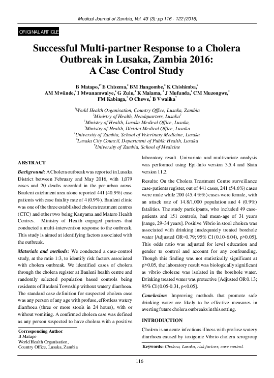 (PDF) Successful multi-partner response to a cholera outbreak in Lusaka ...