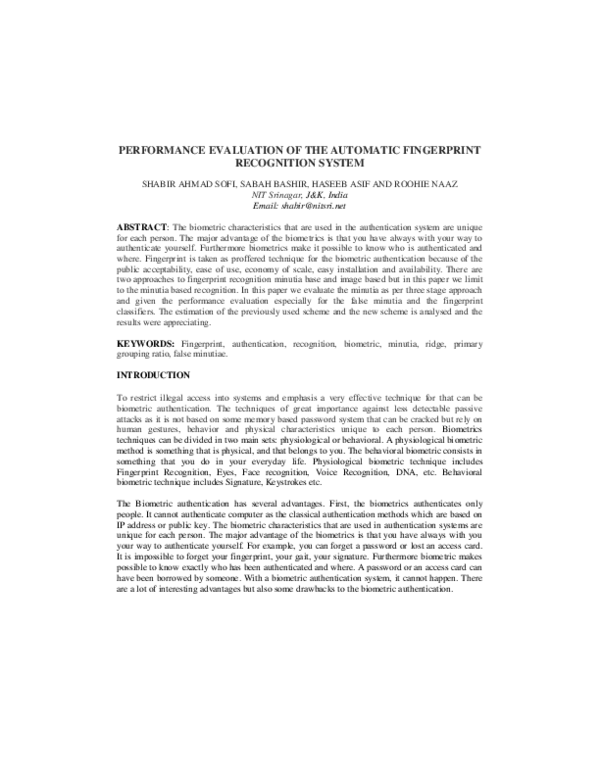 (PDF) Performance Evaluation of the Automatic Fingerprint Recognition System