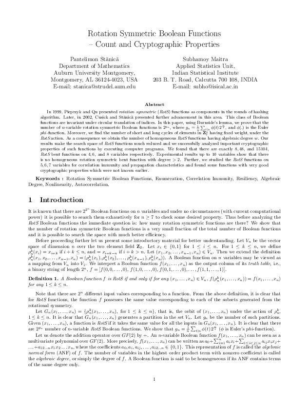 (PDF) Rotation symmetric Boolean functions—Count and cryptographic properties