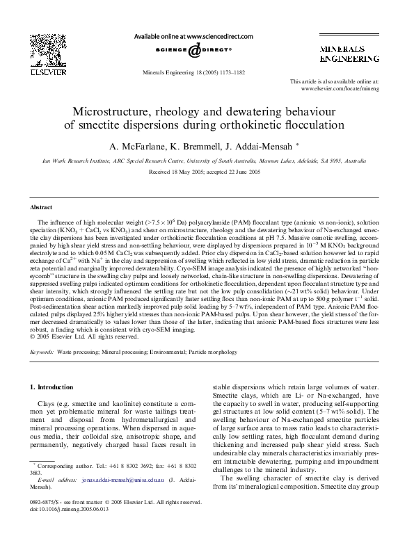 (PDF) Microstructure, rheology and dewatering behaviour of smectite dispersions during ...