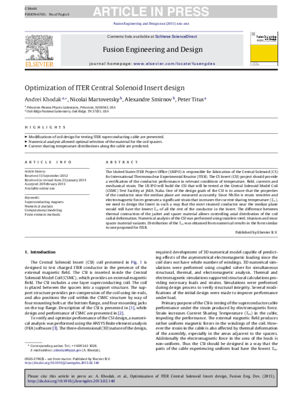Pdf Optimization Of Iter Central Solenoid Insert Design Nicolai Martovetsky
