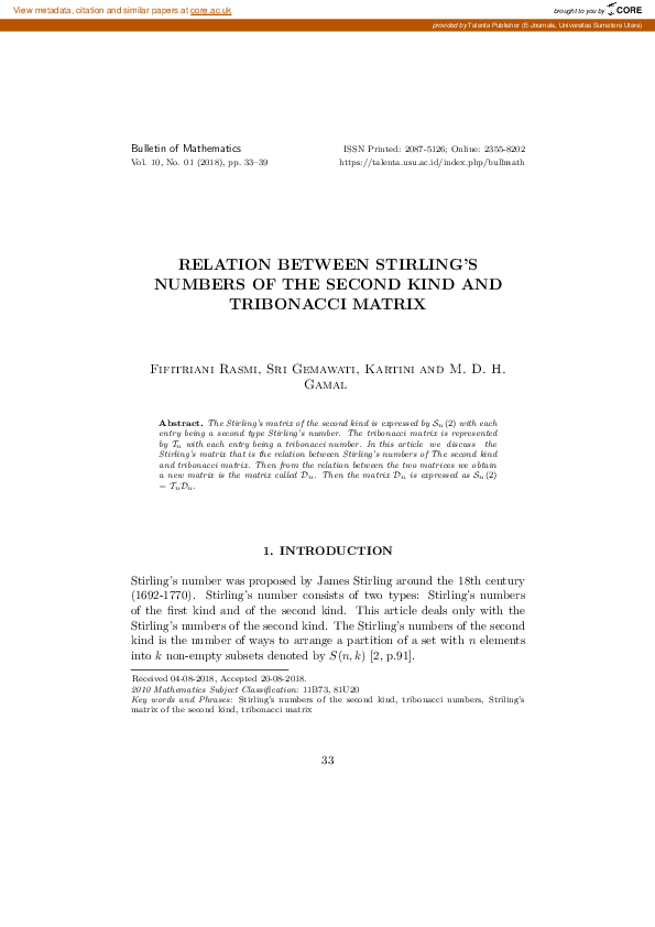 (PDF) Relation Between Stirling’s Numbers of the Second Kind and ...