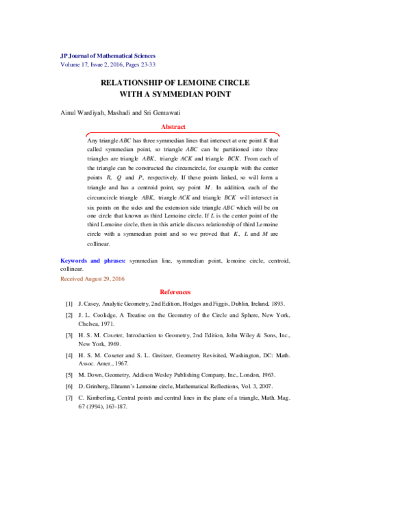 (PDF) Relations of Lemoine Circle with a Symmedian Point