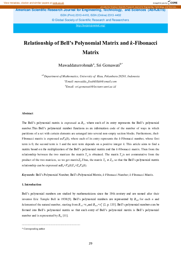 (PDF) Relationship of Bell’s Polynomial Matrix and k-Fibonacci Matrix