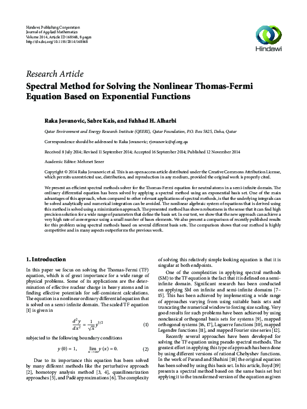 Pdf Spectral Method For Solving The Nonlinear Thomas Fermi Equation Based On Exponential Functions