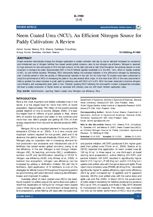 (PDF) Neem Coated Urea (NCU), An Efficient Nitrogen Source for Paddy ...