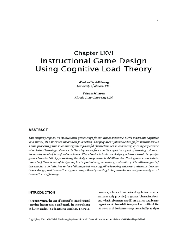 Pdf Instructional Game Design Using Cognitive Load Theory