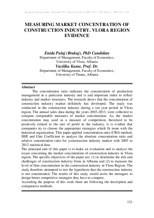 (PDF) Measuring Market Concentration of Construction Industry. Vlora ...
