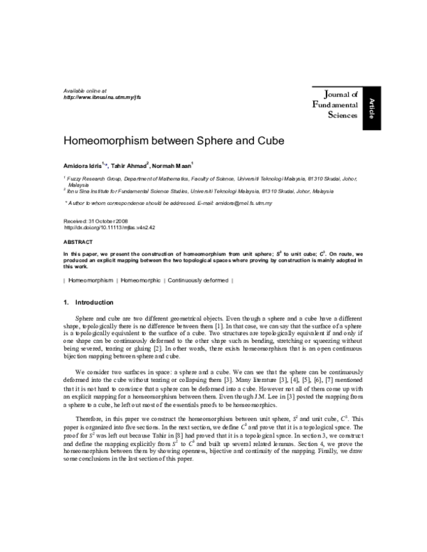 (PDF) Homeomorphism between Sphere and Cube | Tahir Idris - Academia.edu