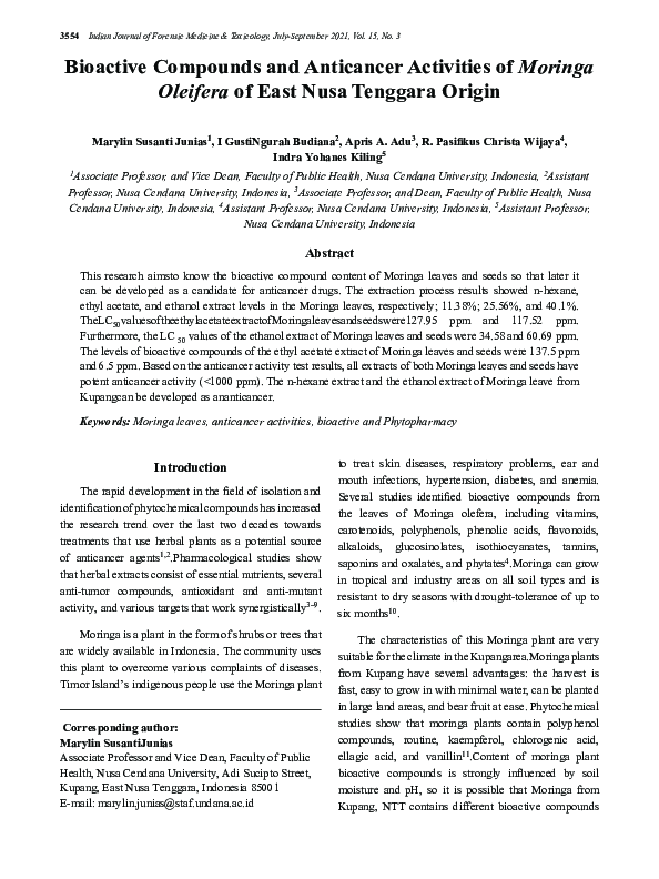 (PDF) Bioactive Compounds and Anticancer Activities of Moringa Oleifera of East Nusa Tenggara Origin