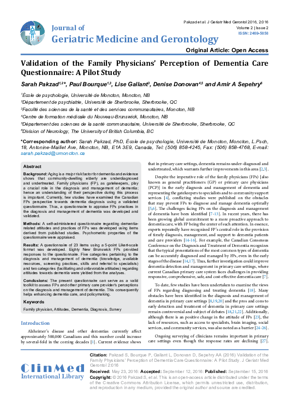 (PDF) Validation of the Family Physicians' Perception of Dementia Care Questionnaire: A Pilot ...