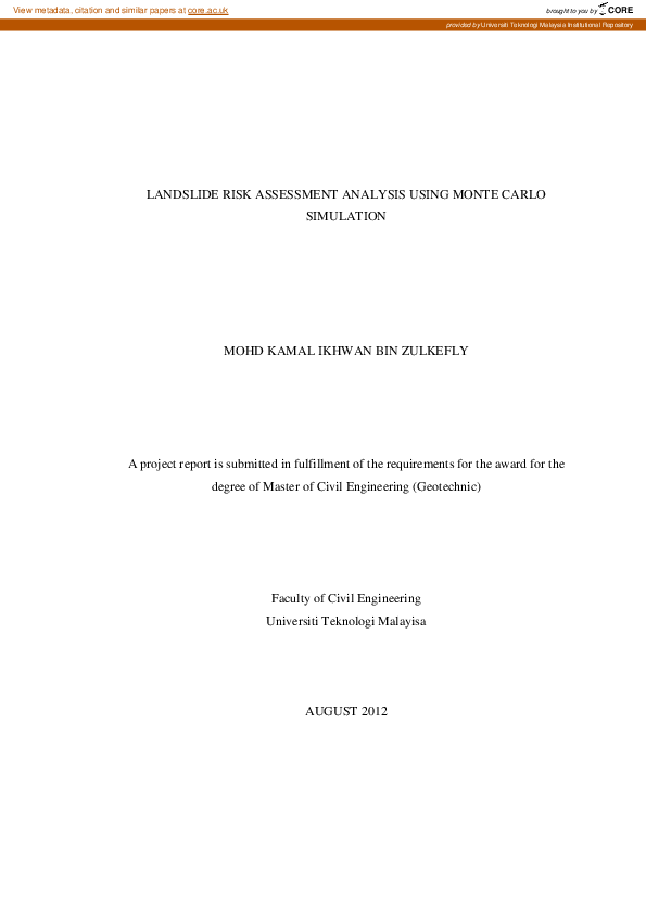 (PDF) Landslide risk assessment analysis using Monte Carlo simulation