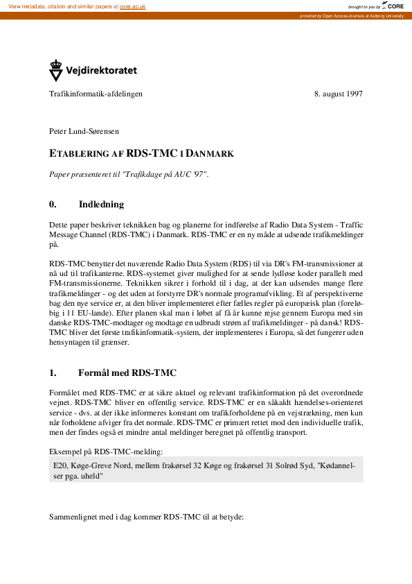 (PDF) Etablering af RDS-TMC i Danmark
