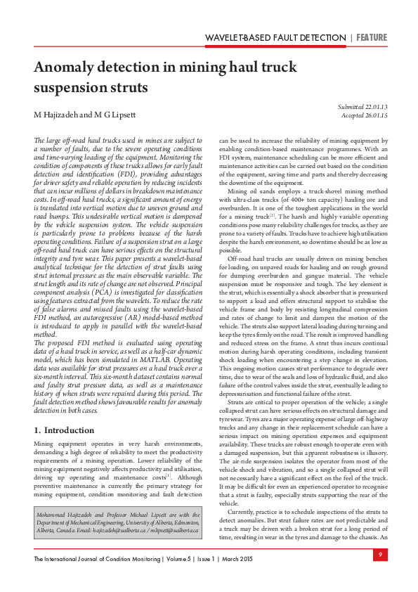 (PDF) Anomaly detection in mining haul truck suspension struts