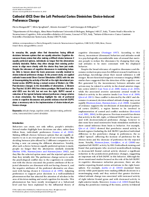(PDF) Cathodal tDCS Over the Left Prefrontal Cortex Diminishes Choice ...