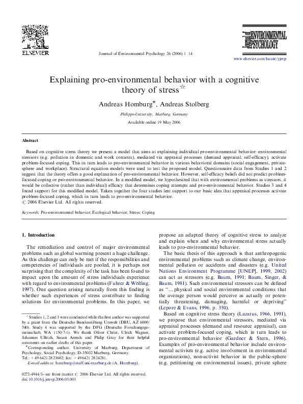 (PDF) Explaining pro-environmental behavior with a cognitive theory of ...