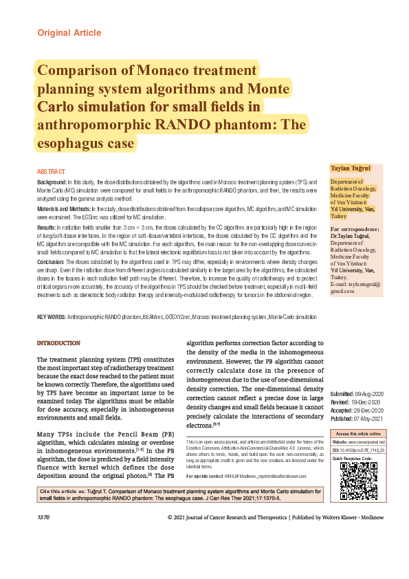 (PDF) Comparison of Monaco treatment planning system algorithms and ...