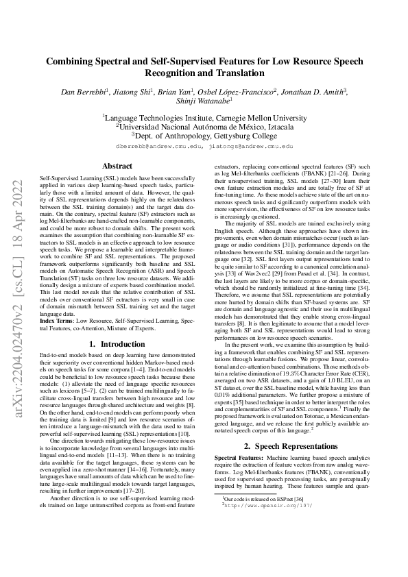 (PDF) Combining Spectral and Self-Supervised Features for Low Resource Speech Recognition and ...