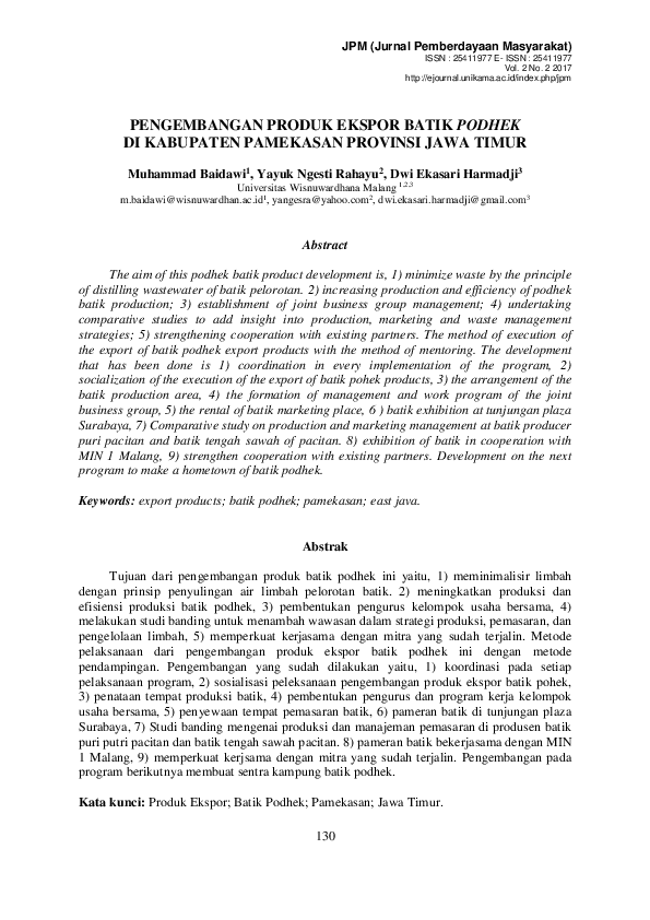 (PDF) JPM (Jurnal Pemberdayaan Masyarakat) PENGEMBANGAN PRODUK EKSPOR BATIK PODHEK DI KABUPATEN ...