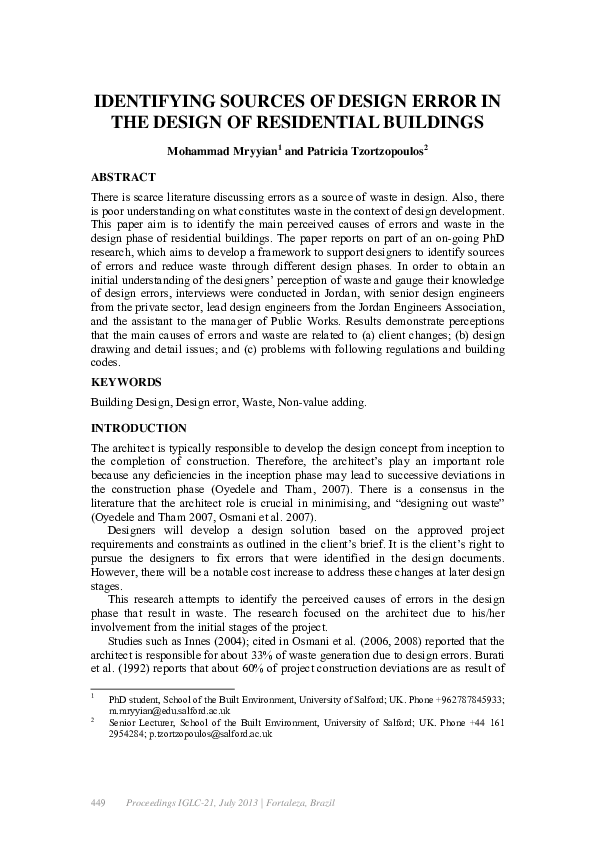 (PDF) Identifying Sources of Design Error in the Design of Residential ...