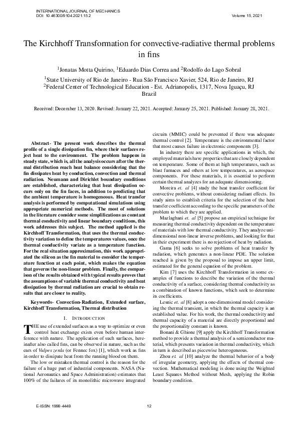 Pdf The Kirchhoff Transformation For Convective Radiative Thermal Problemsin Fins